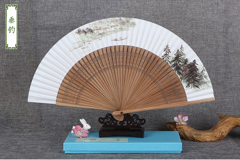 Chinese hand fan bamboo wood grain paper printing ... – Vicedeal