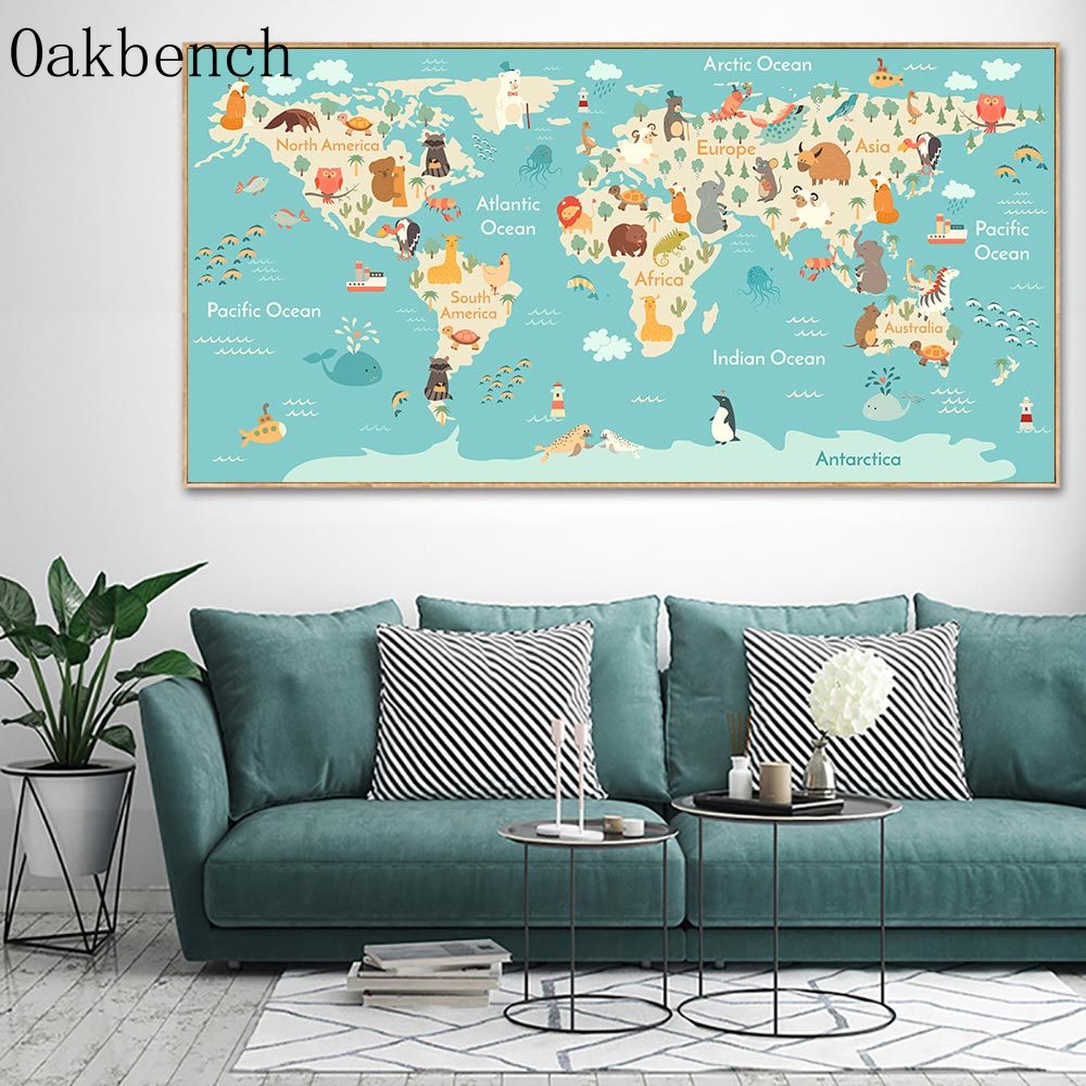 Nordic Poster Animal World Map Canvas Painting Wal... – Grandado