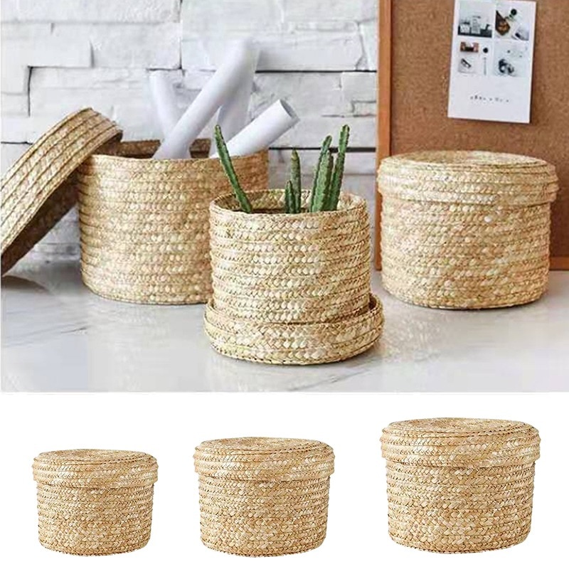 Storage Basket Handmade Straw Woven Box With Lid S... – Vicedeal