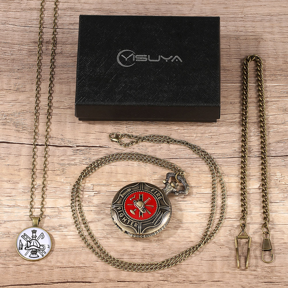 Red Fire Fighter Quartz Pocket Watch Box Set Punk ... – Grandado