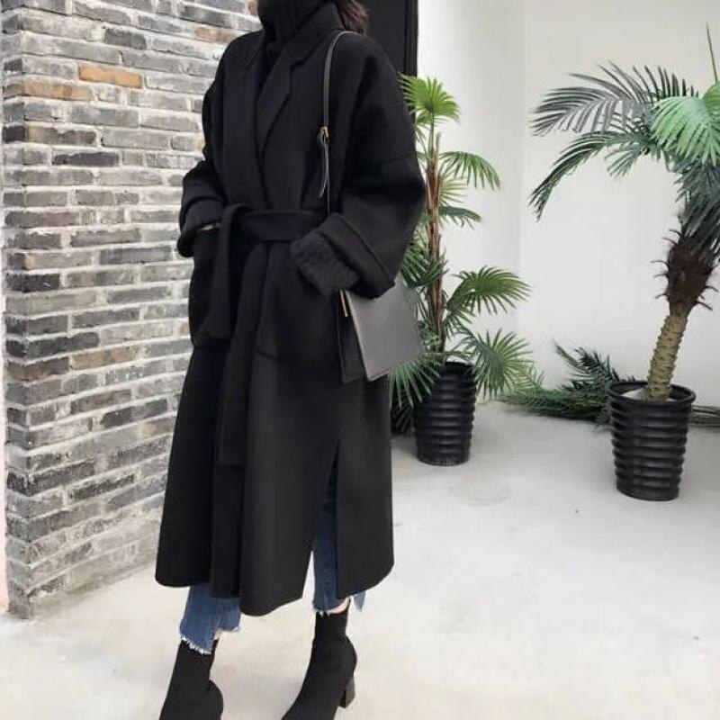 Winter Wool Blend Women Korean Style Black Long Co... – Grandado