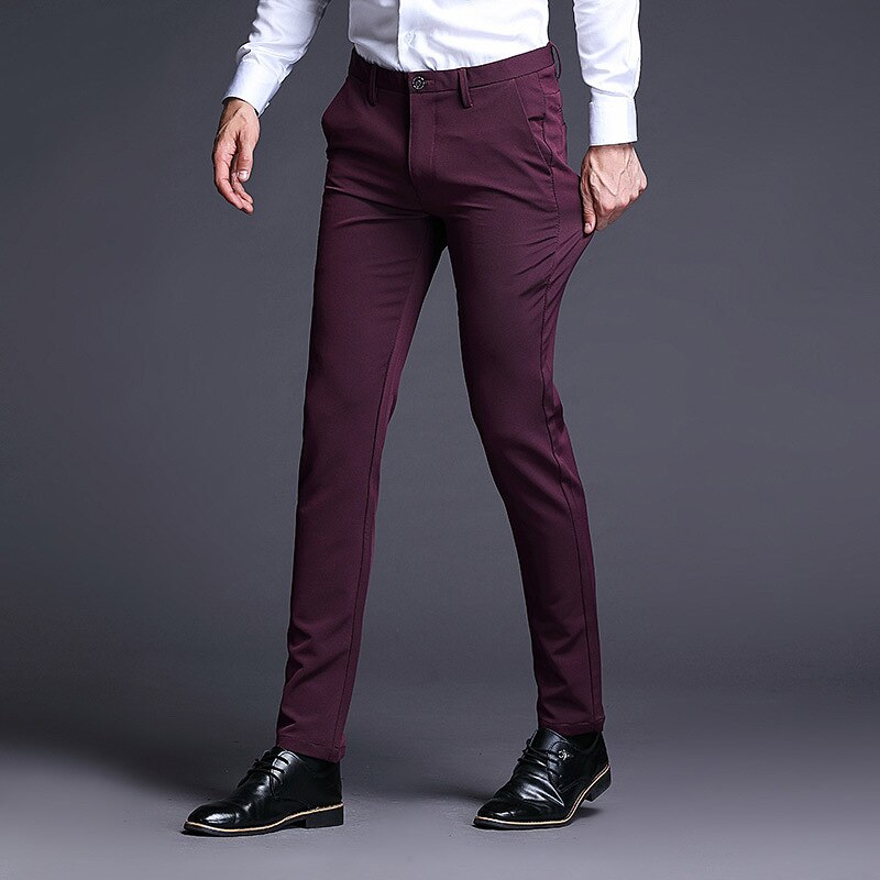 Men's Wine Red Slim Trousers Stretch Youth Pants S... – Grandado