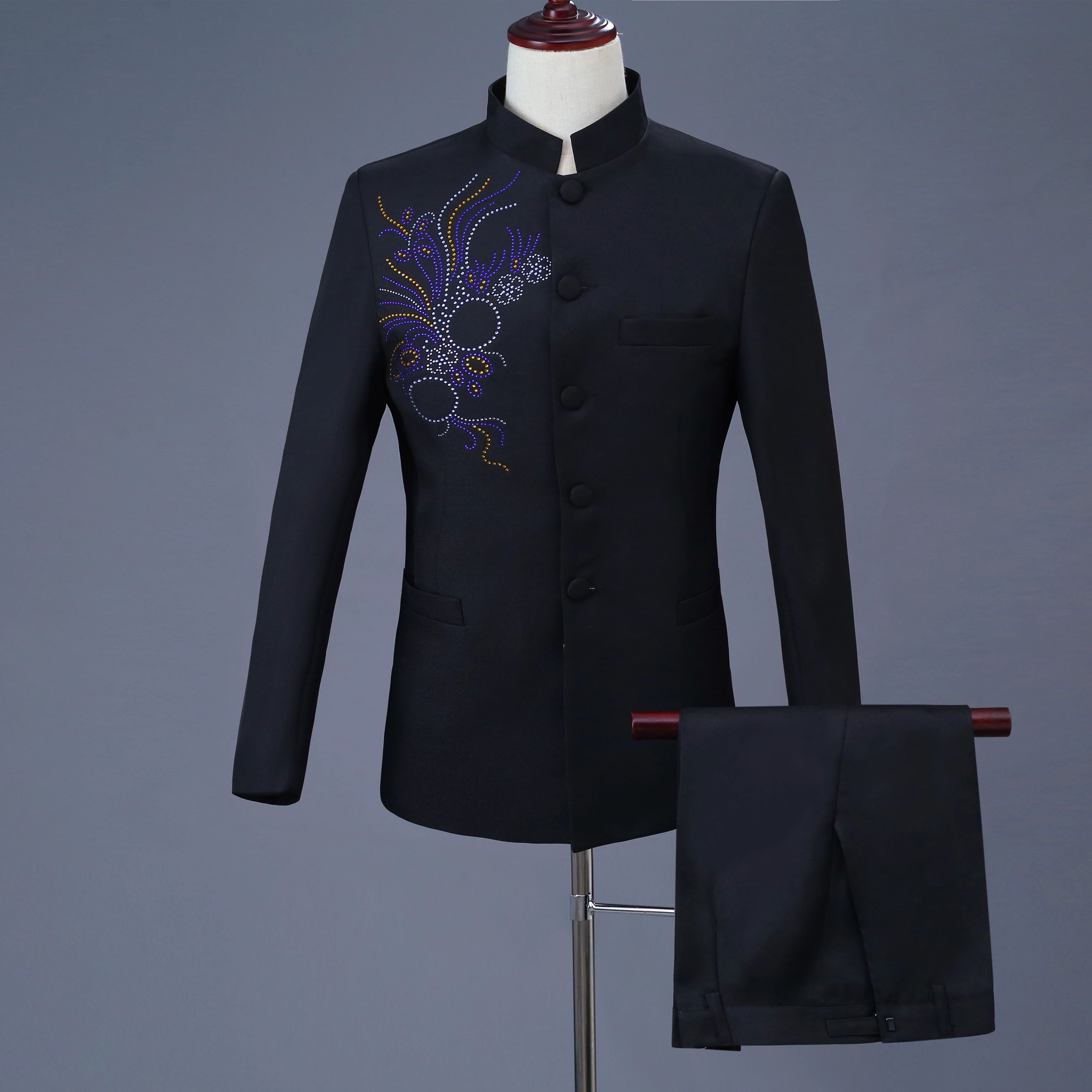 Mandarin Collar Crystal Men Suit Blazer Set Chorus... – Vicedeal