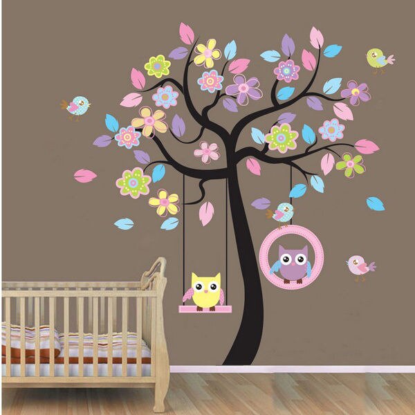 Huge Cute Owls Bird Swing Flower Tree Wall Sticker... – Grandado
