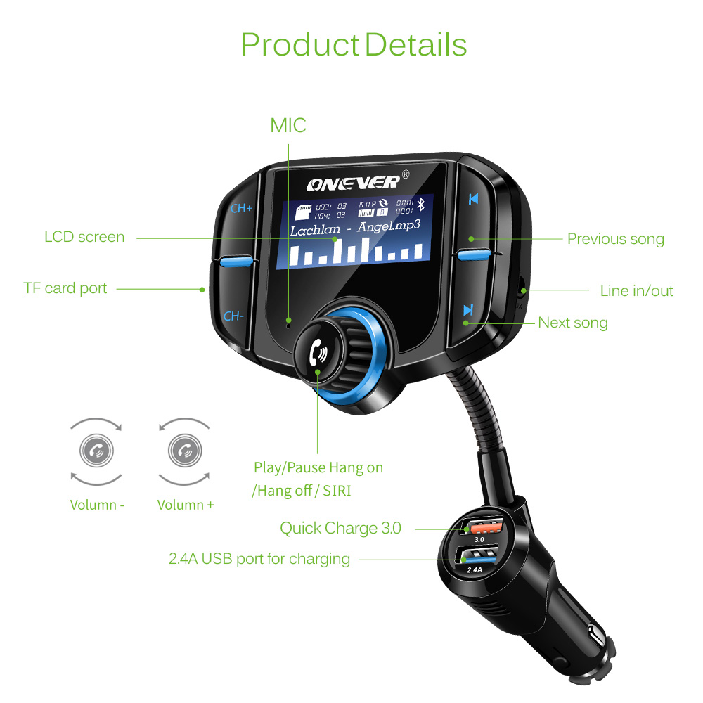 Onever QC3.0 Support Siri FM Transmitter Bluetooth... – Vicedeal