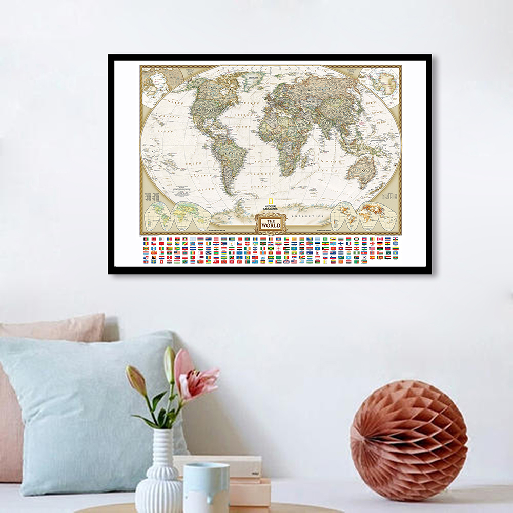 Vintage Map of The World with National Flags 84*59... – Grandado