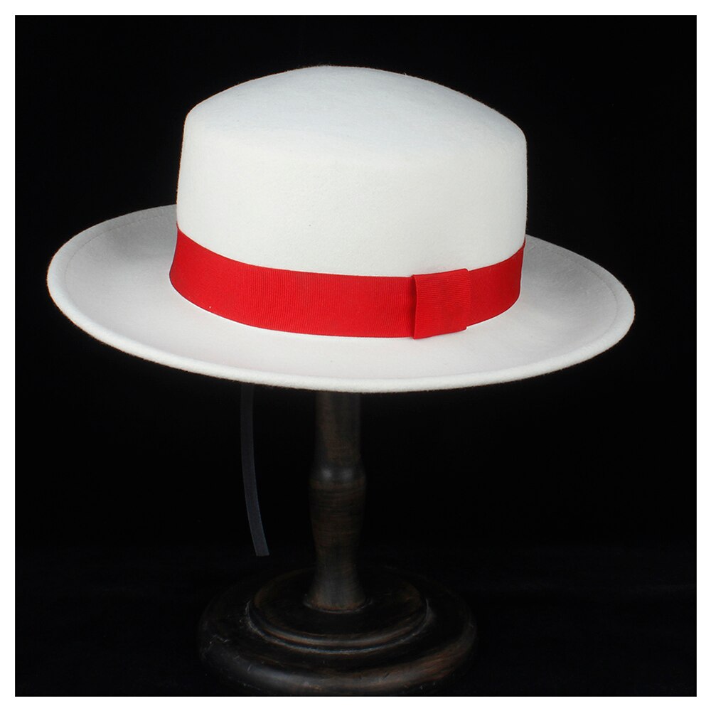 100% Wol Vrouwen Witte Platte Top Hoed Met Rode Li... – Grandado