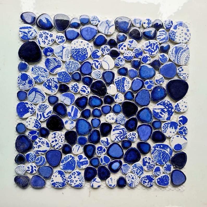 Chinese Blue White Pebble Porcelain Mosaic Tile PP... – Grandado