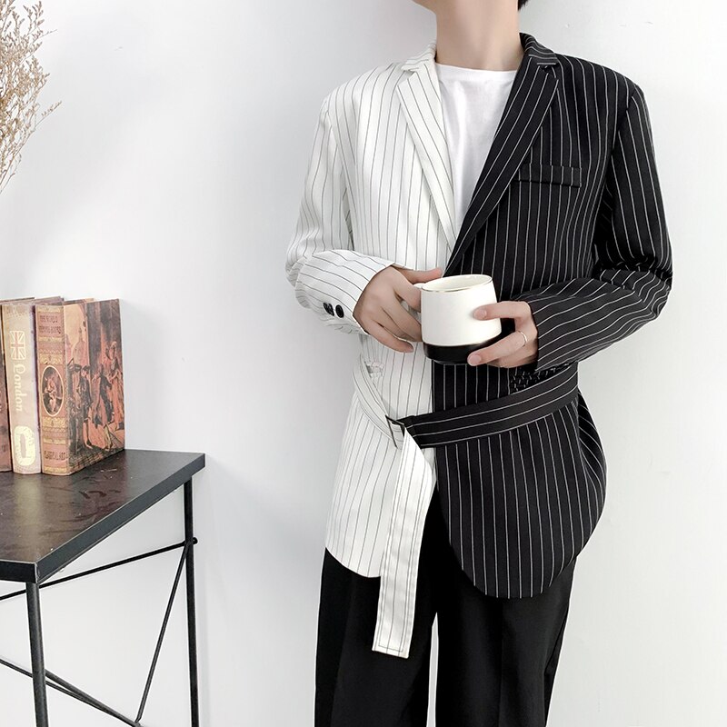 Mannen Half Zwart Half Wit Notch Revers Gestreepte... – Grandado