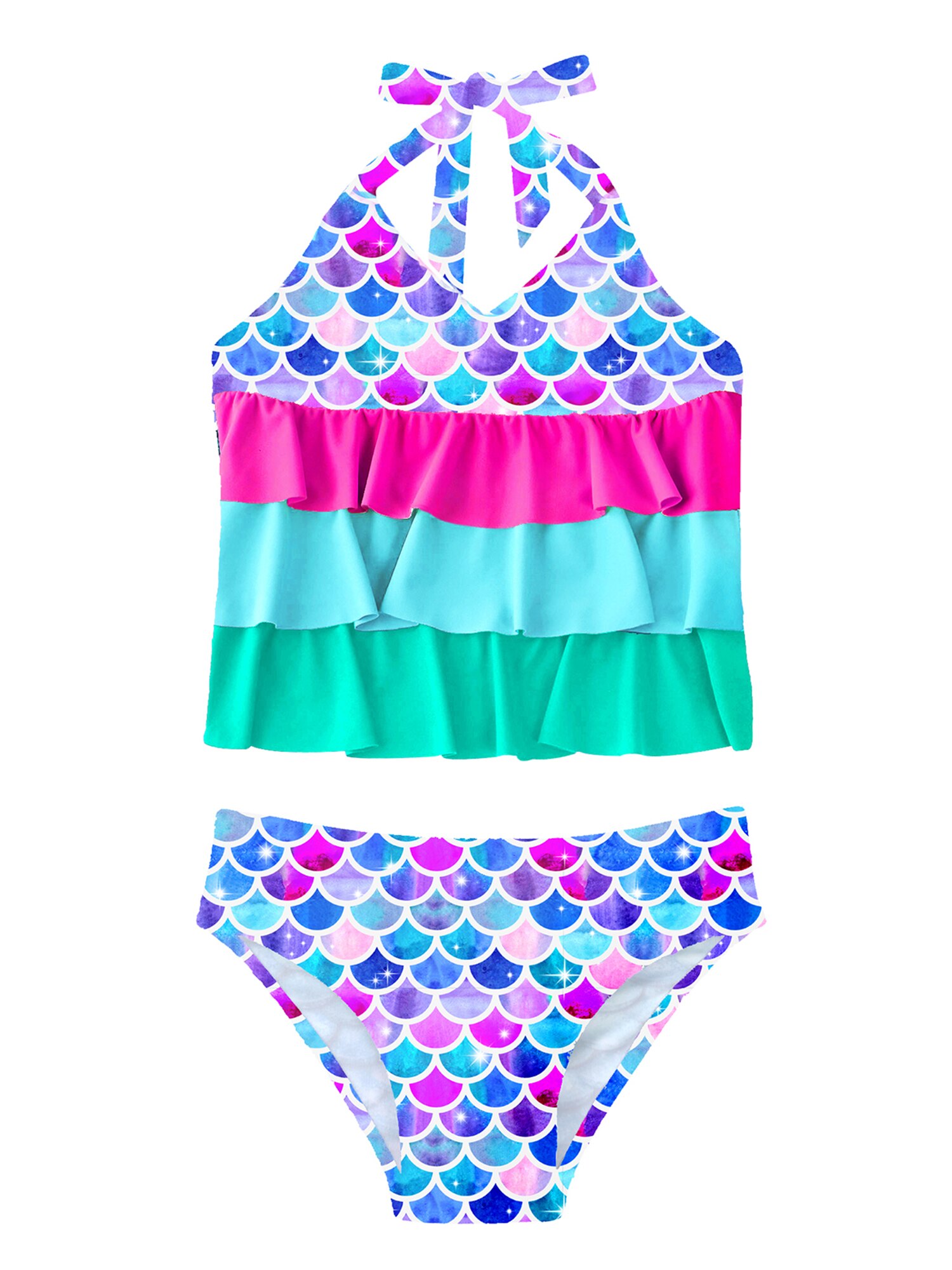 Kids Girls Swimming Suit Halter Neck Layered Ruffl... – Vicedeal