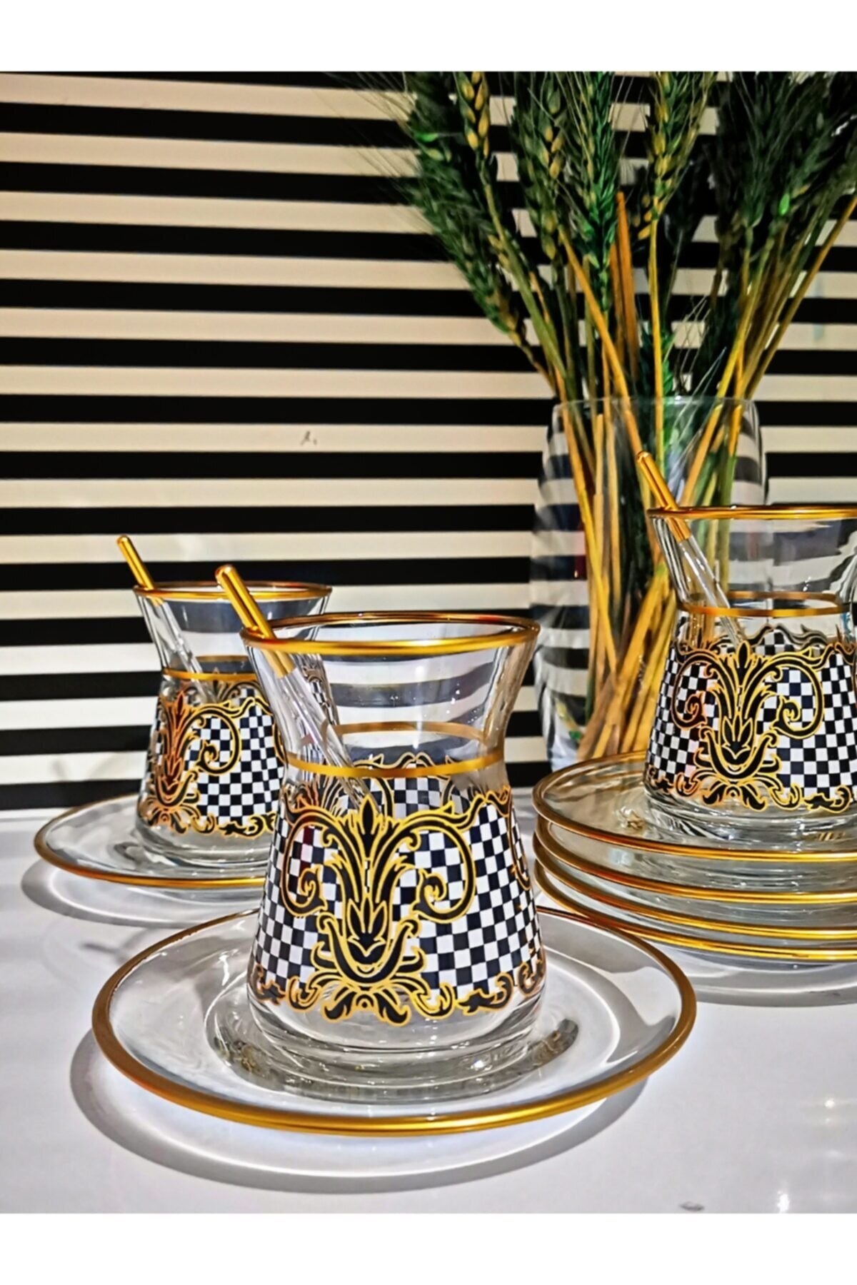 Gold Black White Square Patterned 6 Person Tea Set... – Grandado