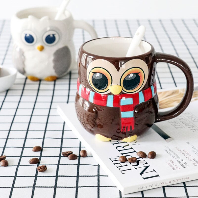 3D Owl Coffee Cup Ceramic Funny Bird Mug With Cove... – Grandado