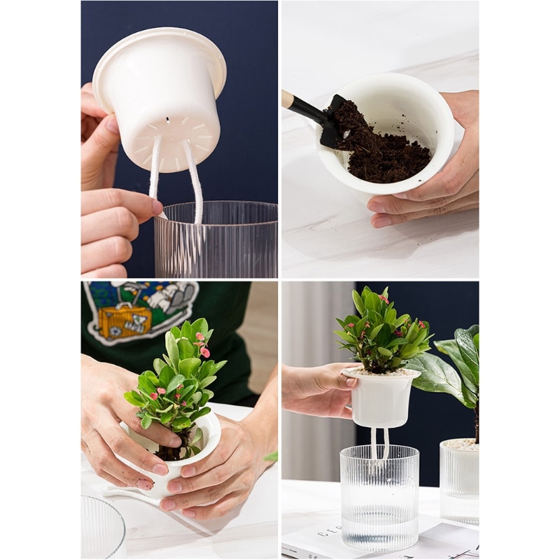 Self Watering Plastic Plant Pot with Wick Rope Cle... – Grandado