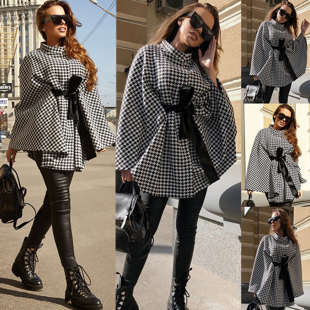 Women Plaid Cape Sweater Autumn Winter Turtleneck ... – Vicedeal