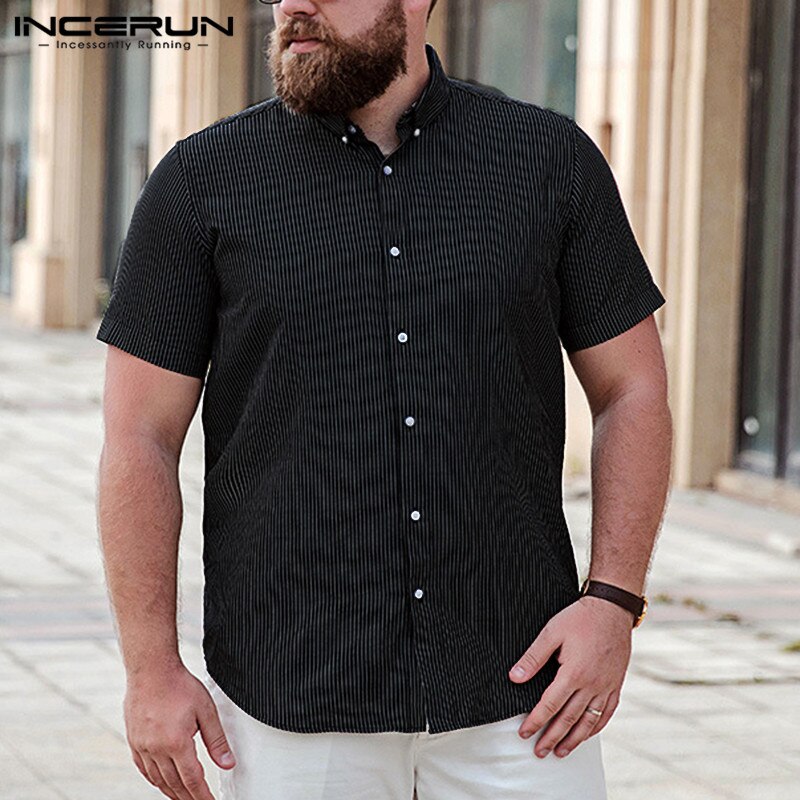 Striped Short Sleeve Men Shirt Summer Lapel Casual... – Grandado