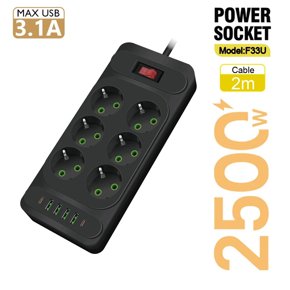 EU Plug AC Outlet Multitap Power Strip 2m Extensio... – Grandado
