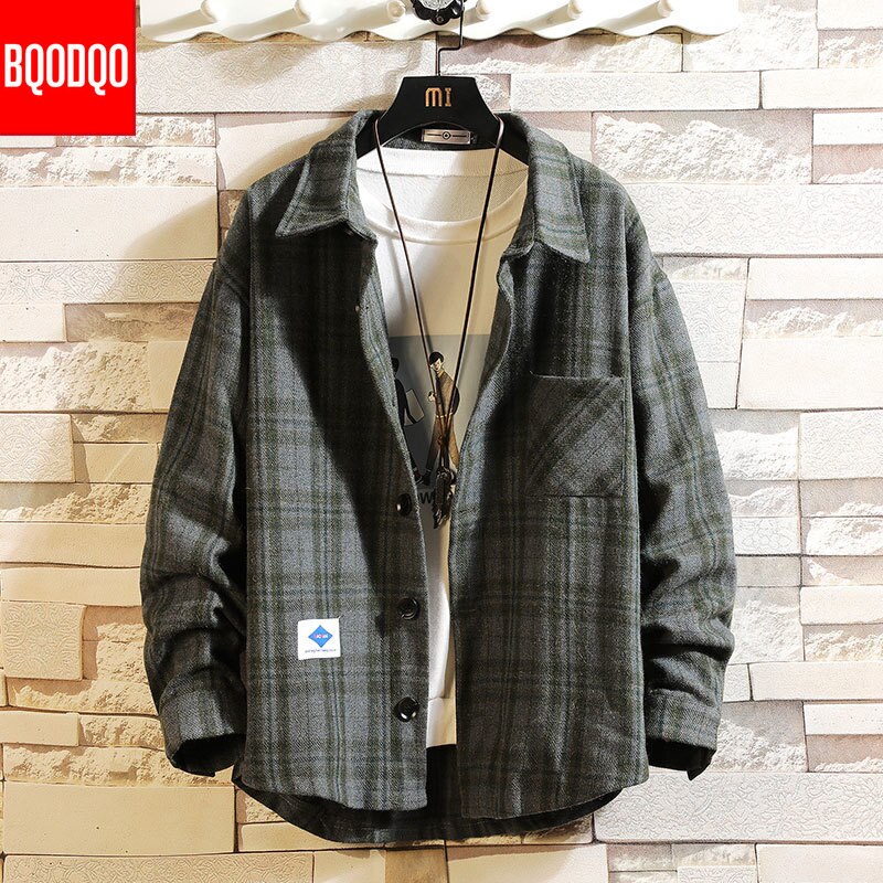 BQODQO Green Plaid Preppy Long Sleeve Shirts Men H... – Grandado