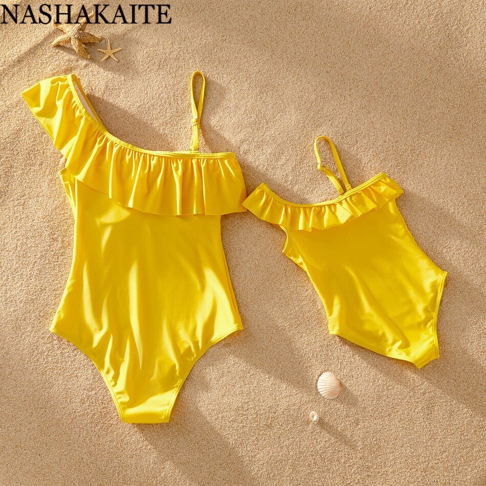 NASHAKAITE Family Swimsuits Solid Yellow One-Shoul... – Grandado