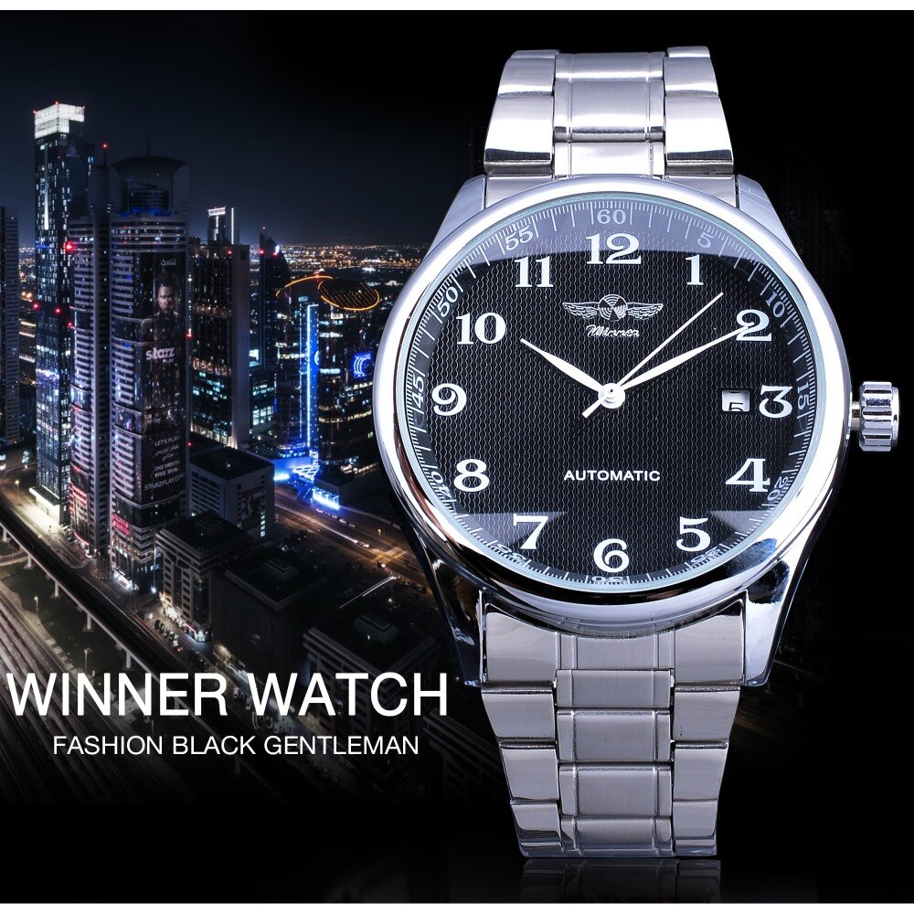 Winner Simple Black Watches Date Display Silver St... – Grandado