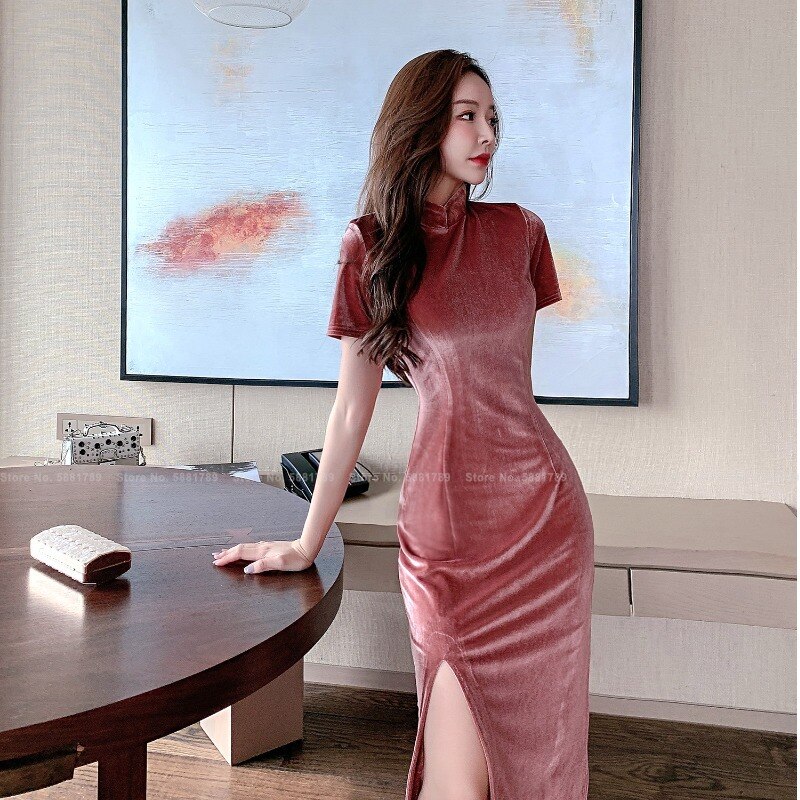 Lady Red Velvet Cheongsam Women Chinese Style Slim... – Grandado