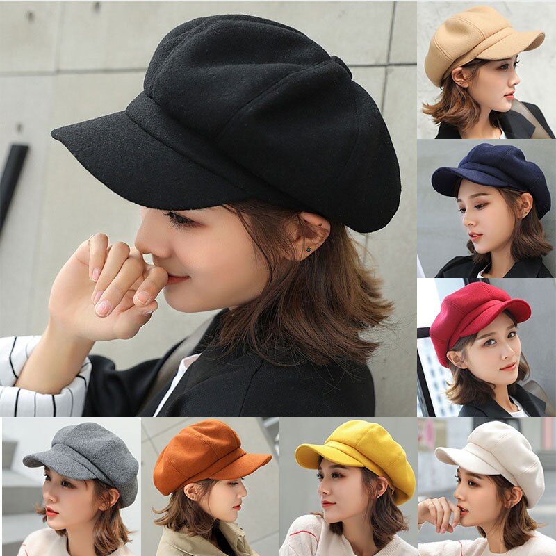 Winter Vintage Women Solid Woolen Octagonal Cap Ar... – Vicedeal