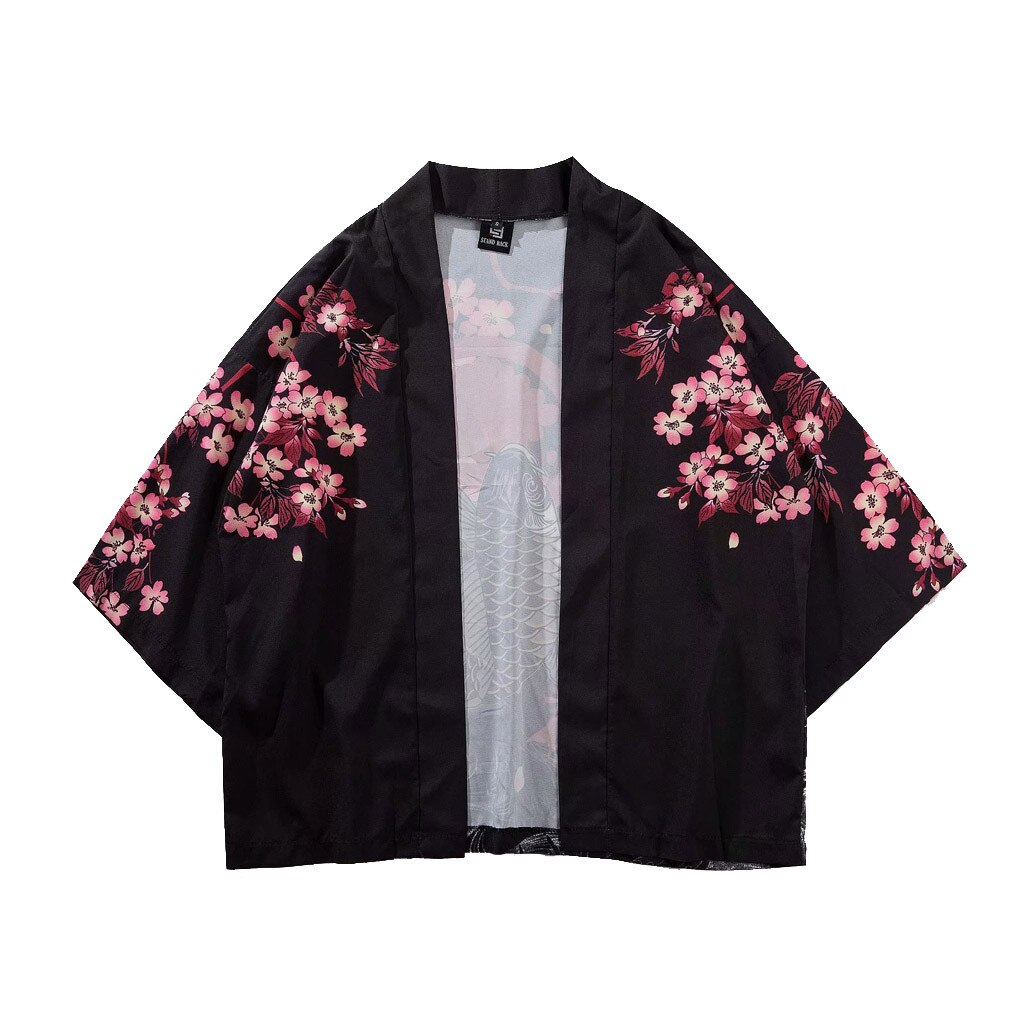 Black And White Big Fish Pattern Japanese Kimono S... – Grandado