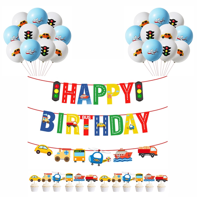 Happy Birthday Banner Set Airplane Car Ship Transp... – Grandado