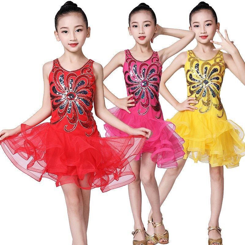 Children's Girl Dance Dress Solid Sequins Mid Mesh... – Grandado