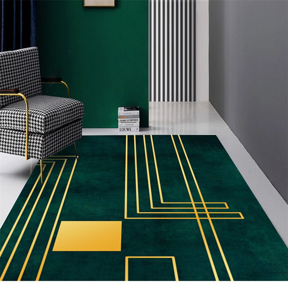 Noords luxe groen tapijt met gouden geometrische l... – Vicedeal
