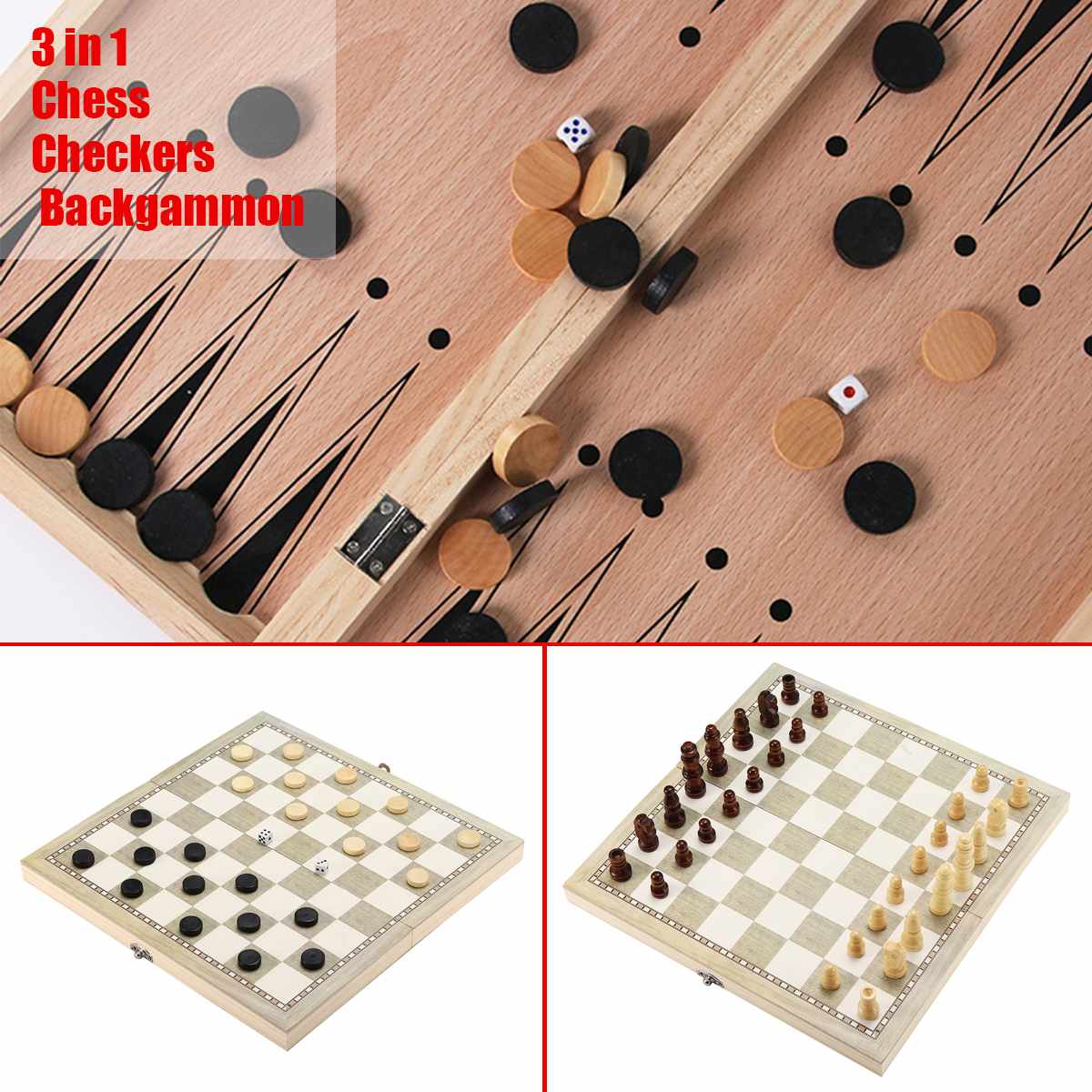 Large 44cm 3 in 1 Wooden Chess Backgammon Checkers... – Grandado