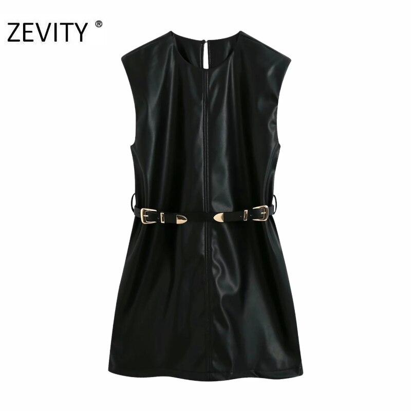 ZEVITY women o neck sleeveless casual slim PU Leat... – Grandado