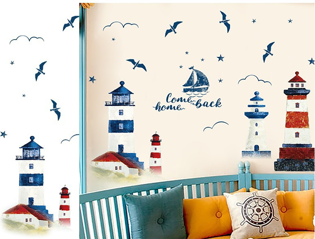 Sea sailboat Lighthouse wall stickers Background d... – Grandado