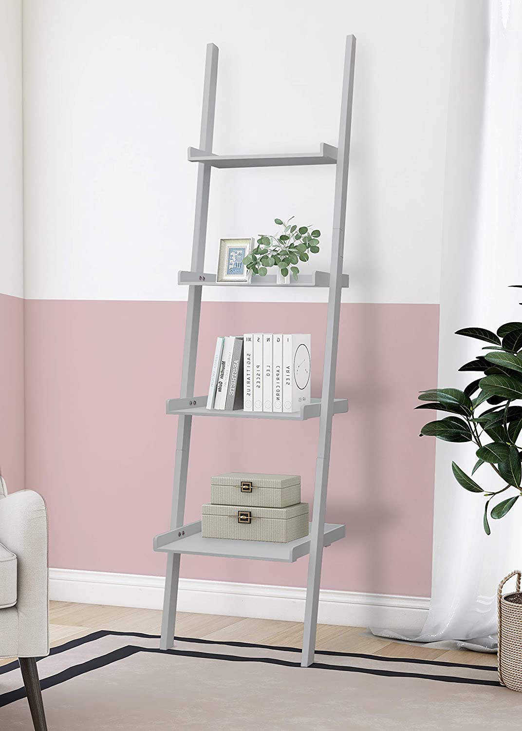 Ladder Shelf Grey Wooden 4-Tier Bookshelf Storage ... – Grandado