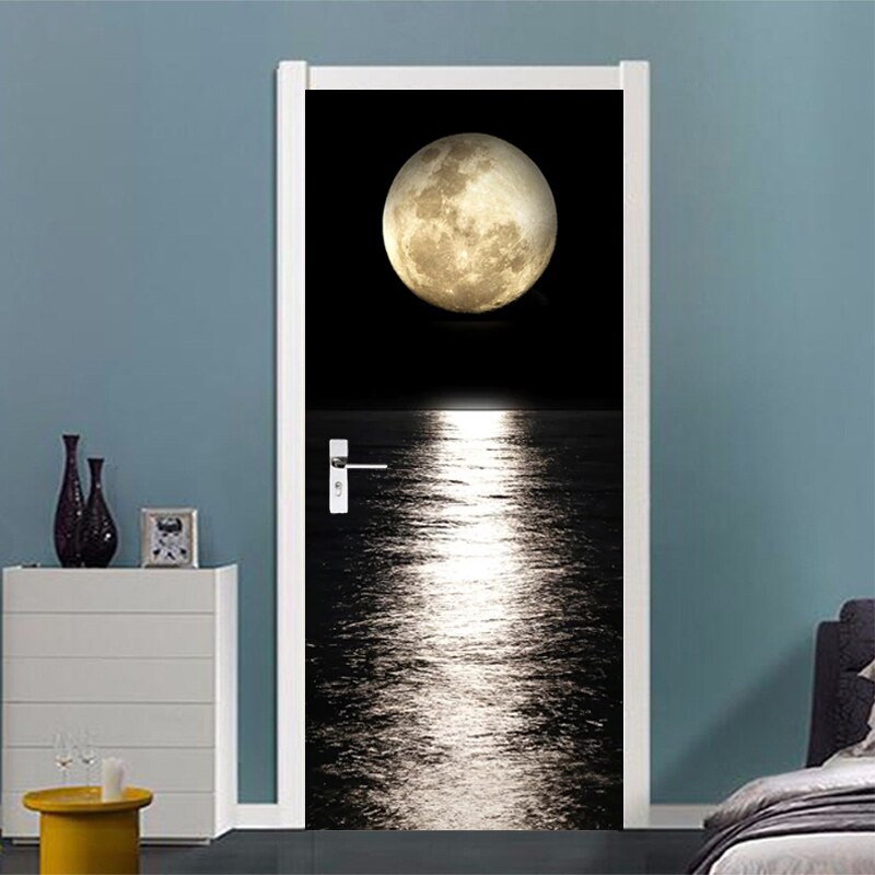 PVC Door Sticker 3D Night Moon Sea Level View Door... – Grandado