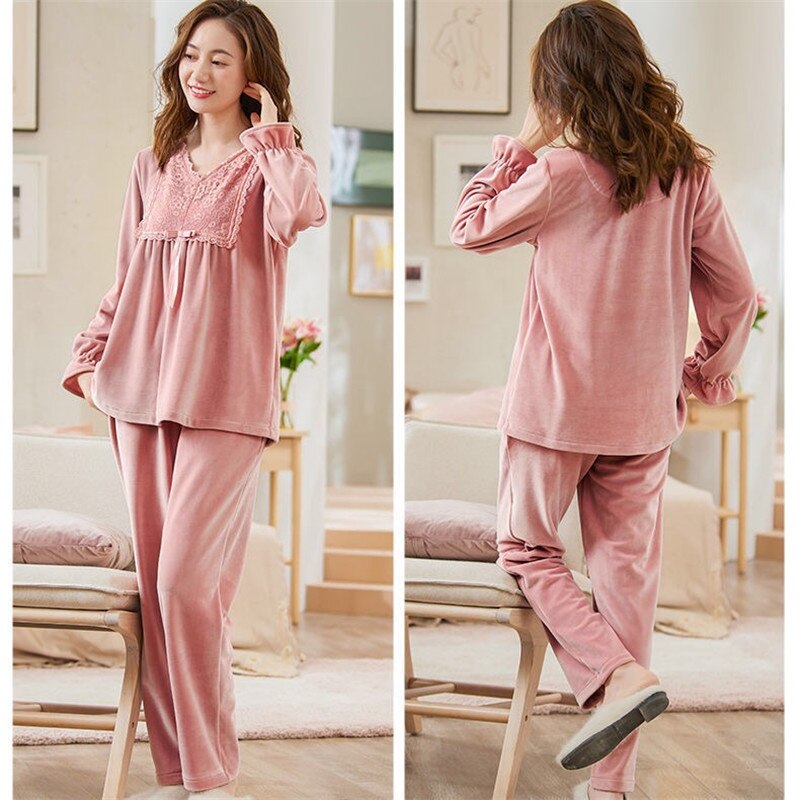 2 Piece Winter Flannel Pajamas Set For Women Long ... – Vicedeal