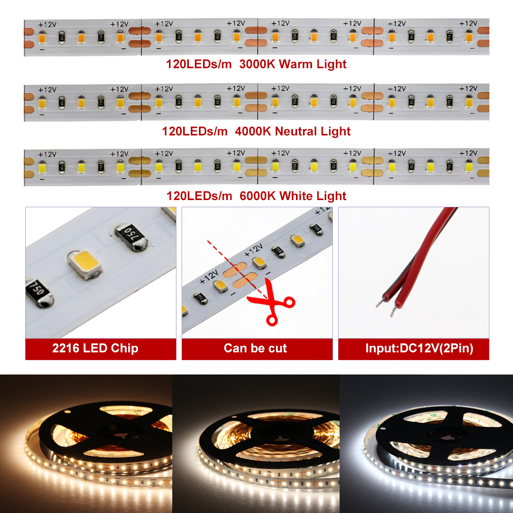 High End LED Strip SMD 2216 CRI>90 12V 120LEDs/m 2... – Vicedeal