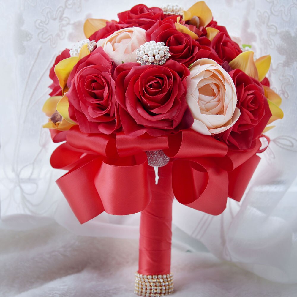 Kyunovia Wedding Silk Flower Bouquet Red Roses Bri... – Vicedeal