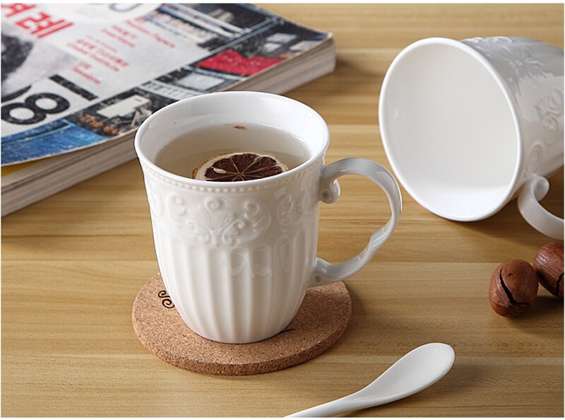 350ML, white embossed porcelain coffee mug, vintag... – Grandado