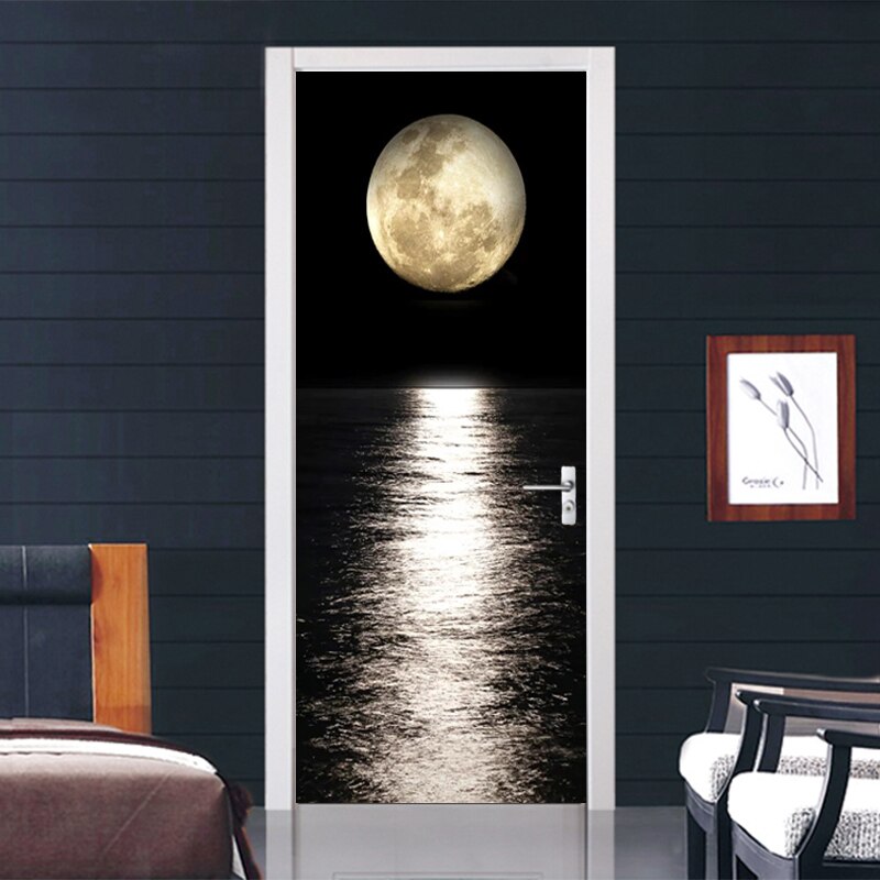 PVC Door Sticker 3D Night Moon Sea Level View Door... – Grandado