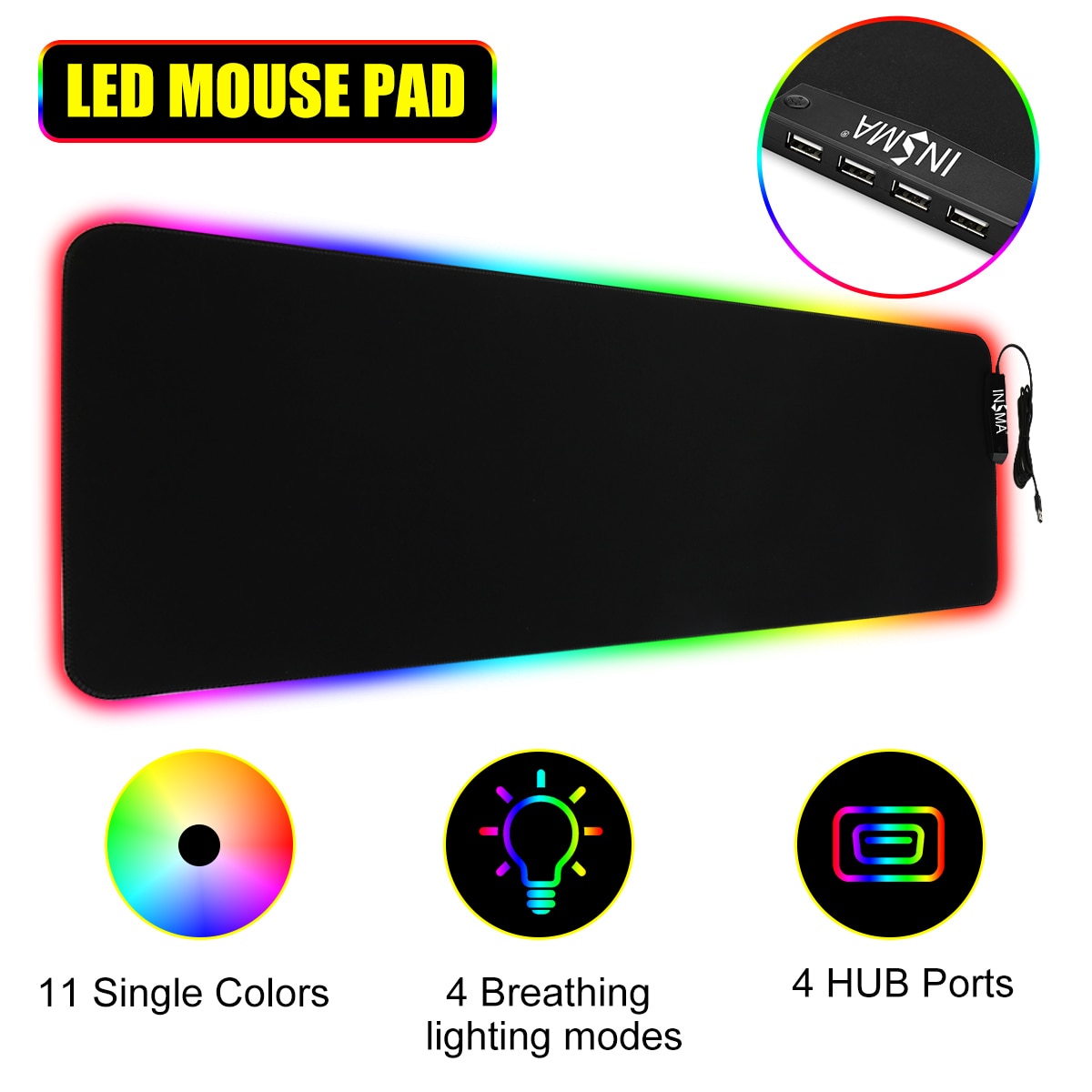 Gaming Mouse Pad RGB LED Glowing Colorful 4 HUB US... – Vicedeal