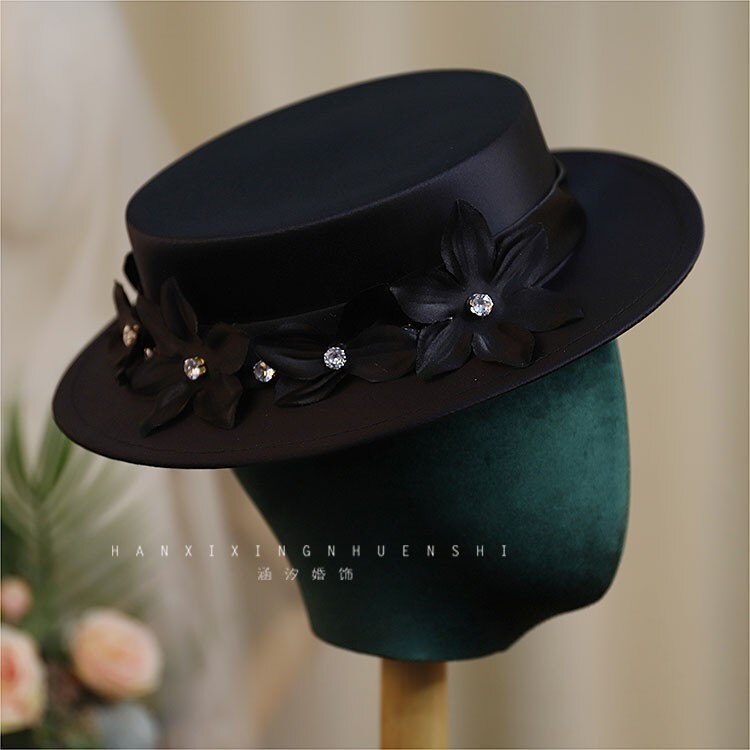 HIgh End Black Satin Wedding Hat French Style Flow... – Grandado