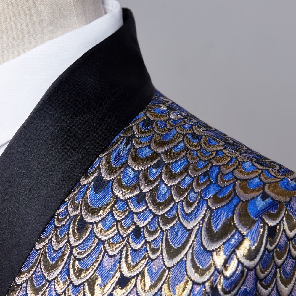 PYJTRL Male Shawl Lapel Gold Blue Jacquard Scale P... – Vicedeal