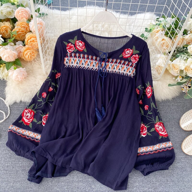 Spring Indie Folk Women Blouse Embroidery Flowers ... – Grandado
