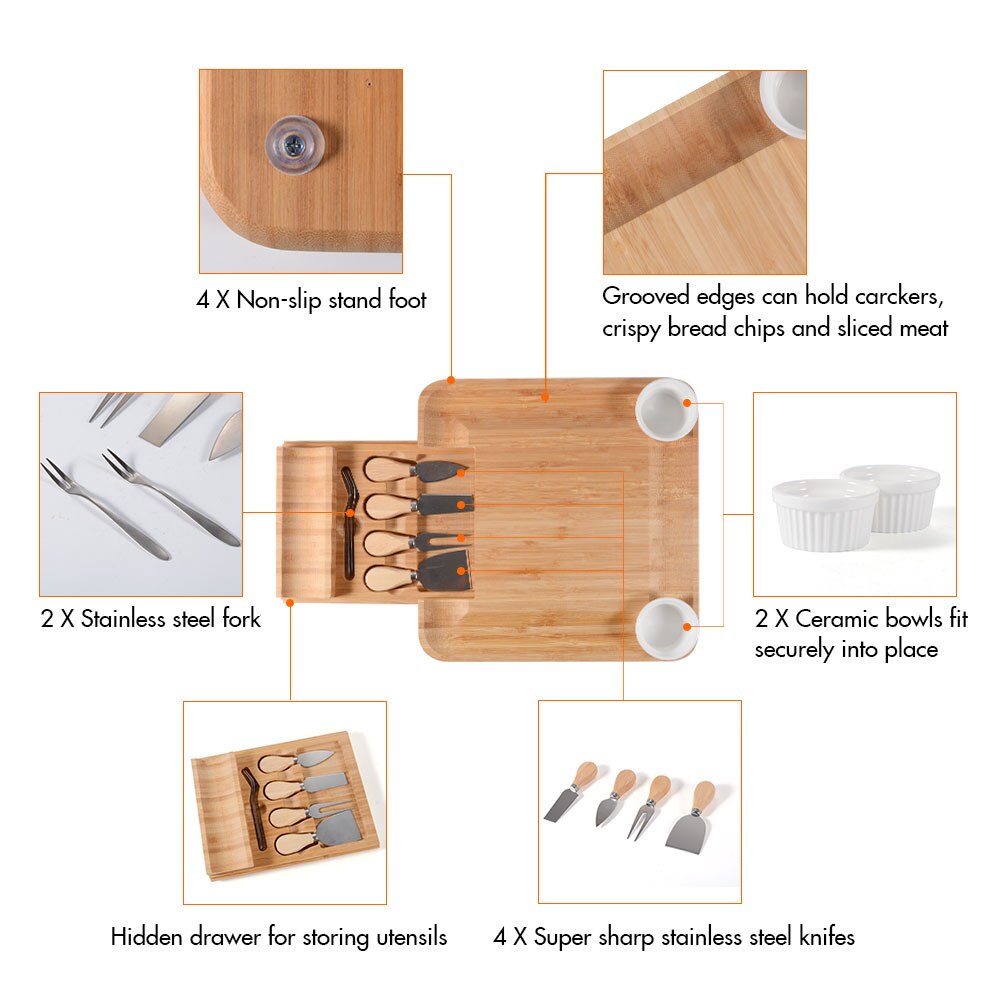 Cheese Board Set With 4 Knives Slide Out Drawer Se... – Grandado