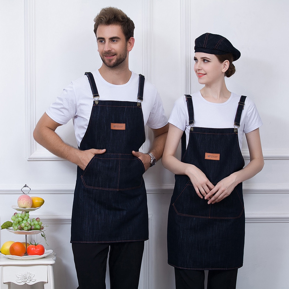 Black Blue Unisex Adjustable Strap Denim Chef Food... – Grandado