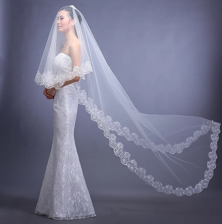 Velo De Novia Largo De Color Blanco Marfil Con Apl Grandado