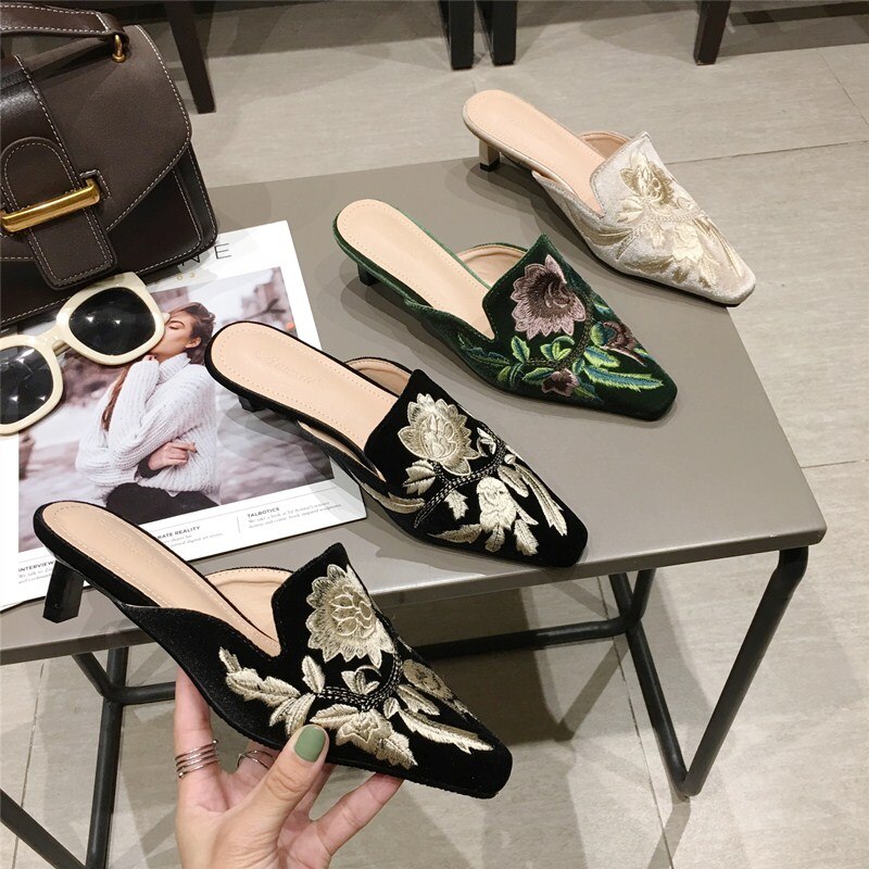 Green Velvet High Heels Slippers Women Floral Embr... – Grandado