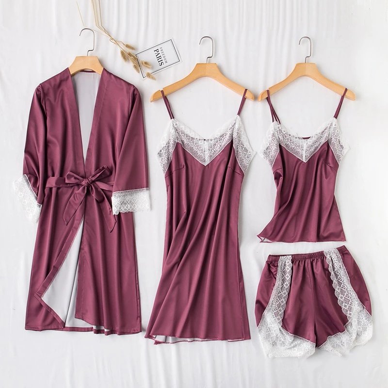 Women Pajamas Sets Satin Sleepwear Silk 4 Pieces N... – Vicedeal