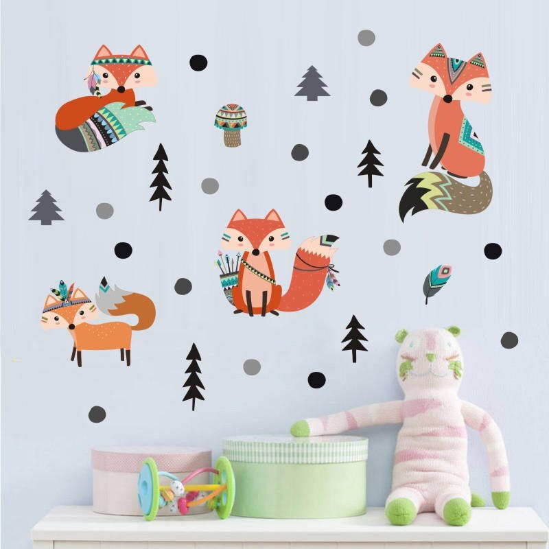Tofok Cute Foxes Wall Stickers Forest Animals Pine... – Grandado