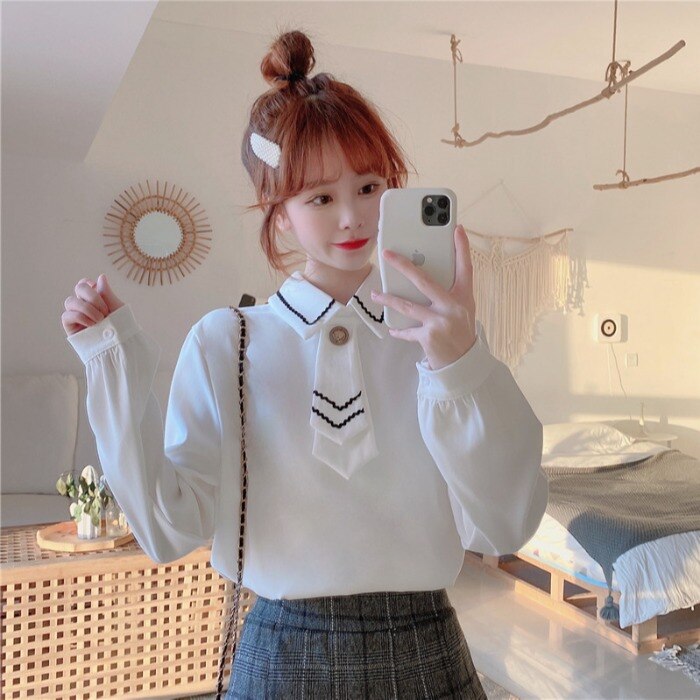 Japanese College Style Bow Tie Shirt for Women Out... – Vicedeal